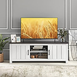 Tangkula 2 Doors TV Stand for TVs up to 65”, 57” TV Console Table with 2 Cabinets & Open Shelves, Media Entertainment Center with 2 Cable Management Holes, Wood TV Cabinet for Living Room (Dark Brown)