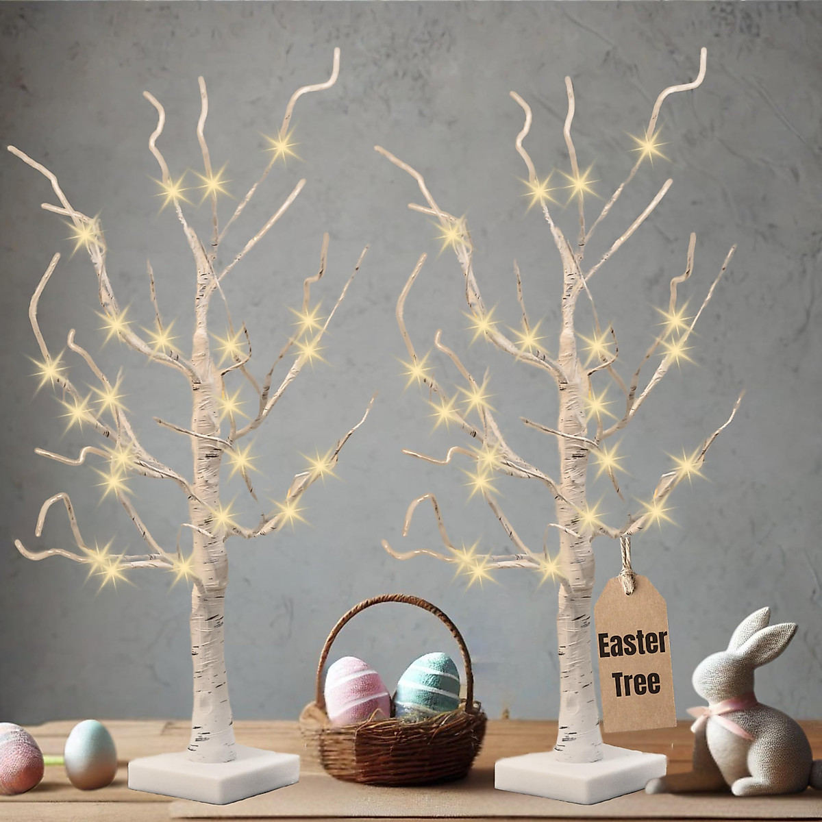 Easter Tree Lighted Birch Tree with Led Lights | USB/Battery Operated | Easter Egg Tree Tabletop Decorations, 2FT 24 LEDs Warm White Lighted Trees for Decoration Inside 2Pk