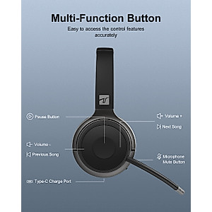 TZS Trucker Bluetooth Headset, Wireless Headset with ENC Noise Cancelling & Mute Button Microphone, V5.0 Handfree Bluetooth Headphone for Driving/Business/Office Compatible with iPhone and Android