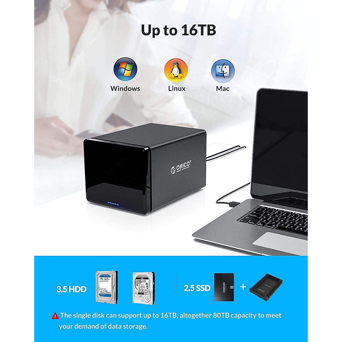 ORICO Raid Enclosure 4 Bay 3.5 Inch USB 3.0 External Hard Drive Enclosure Aluminum Magnetic SATA III Disk Storage Case for Office and Home Storage Expansion Up to 64 TB(4X16TB), NS400RU3