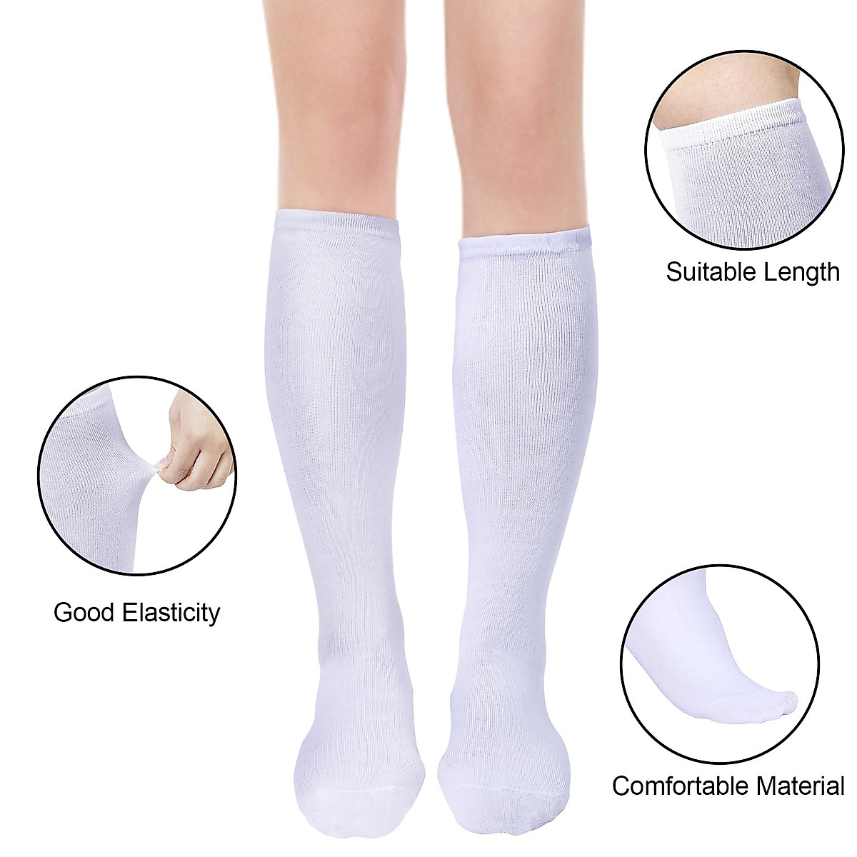 3 Pairs Womens Cotton Knee High Socks, Causal Soild Stripe Tube Knee Socks, White