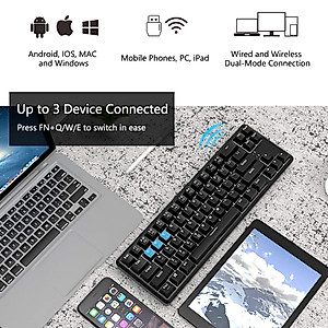 NACODEX K680T 60% Wireless/Wired Mechanical Keyboard - Compact 68 Keys 1000mAh Rechargeable Gaming/Office Keyboard Multi-Device for iOS Android Windows and Mac (Blue Switch White Backlit Black)