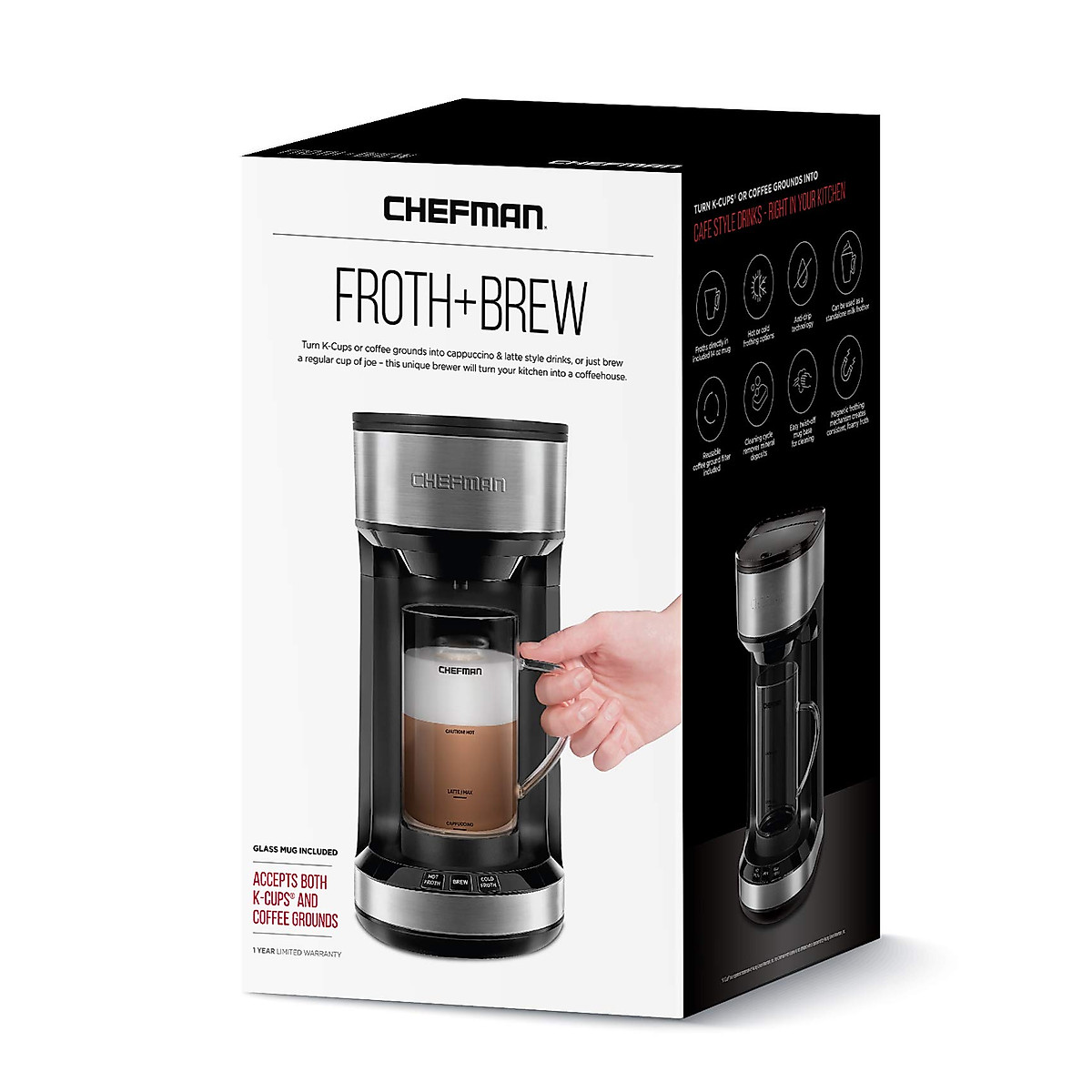 Chefman Froth + Brew Coffee Maker and Milk Frother Single Serve Brewer for K-Cup Pods & Grounds for Latte and Cappuccino Style Drinks, Compact 20 oz. Glass Mug and Reusable Filter Included, 21 oz