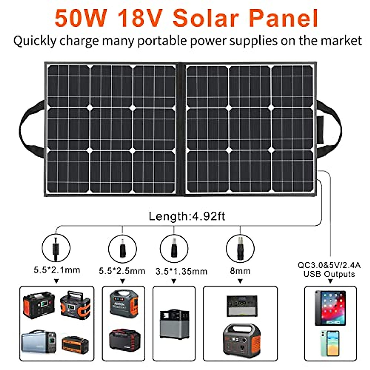 50W 18V Portable Solar Panel, FF FLASHFISH Foldable Solar Charger with 5V USB 18V DC Output Compatible with Portable Generator, Smartphones, Tablets and More