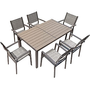 Rankok 7 Piece Patio Dining Set Outdoor Furniture Set with Weather Resistant Table and 6 Stackable Textilene Chairs for Garden, Yard, Garden and Poolside (Gray)