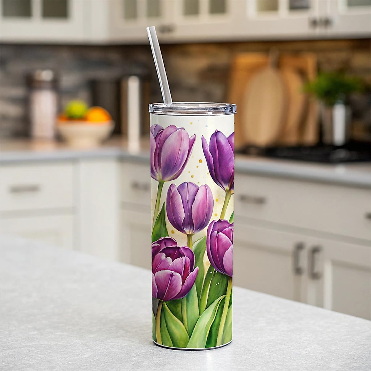 Purple Tulips Flowers Watercolor Skinny Tumbler 20oz with Straw Insulated Water Bottle Gift