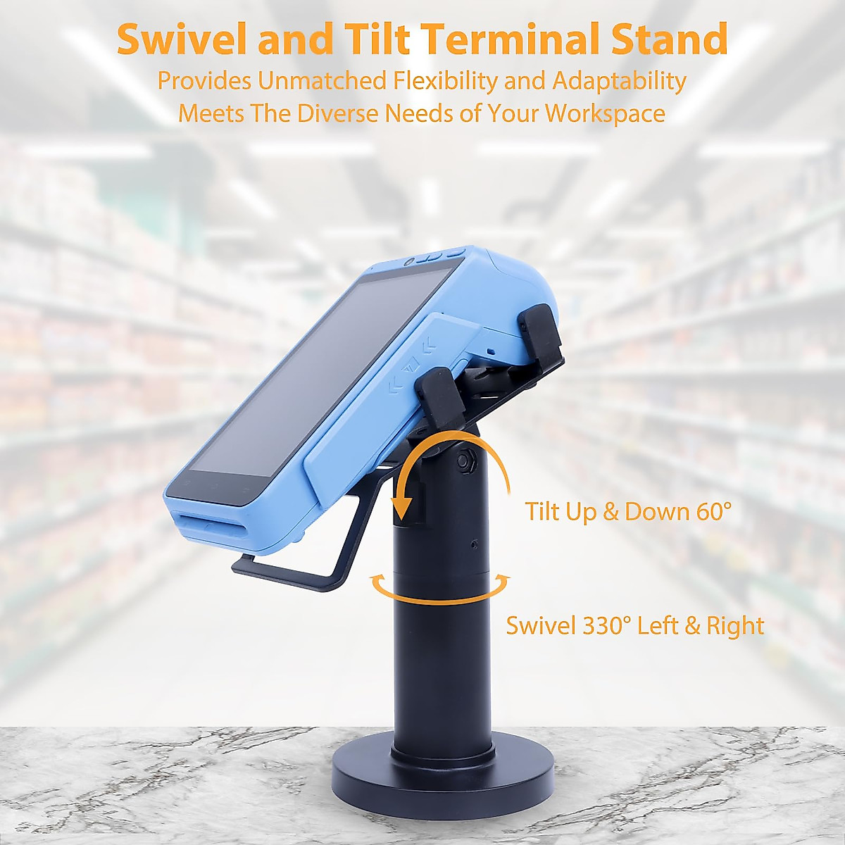 Universal Credit Card Terminal Stand for Square Terminal, 7" Tall Swivel and Tilt Credit Card Readers Square Stand with Handle for Most POS Machine, Screw-in and Adhesive Installation, Black