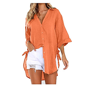Womens Fall Fashion 2023,Blouses for Women Dressy Casual 3/4 Sleeve Button Shirts Labor Day Sale Plus Size Loose Linen Tops Return Pallets Teen Girl Clothes Oversized T Shirts(Z15 Orange,XX-Large)