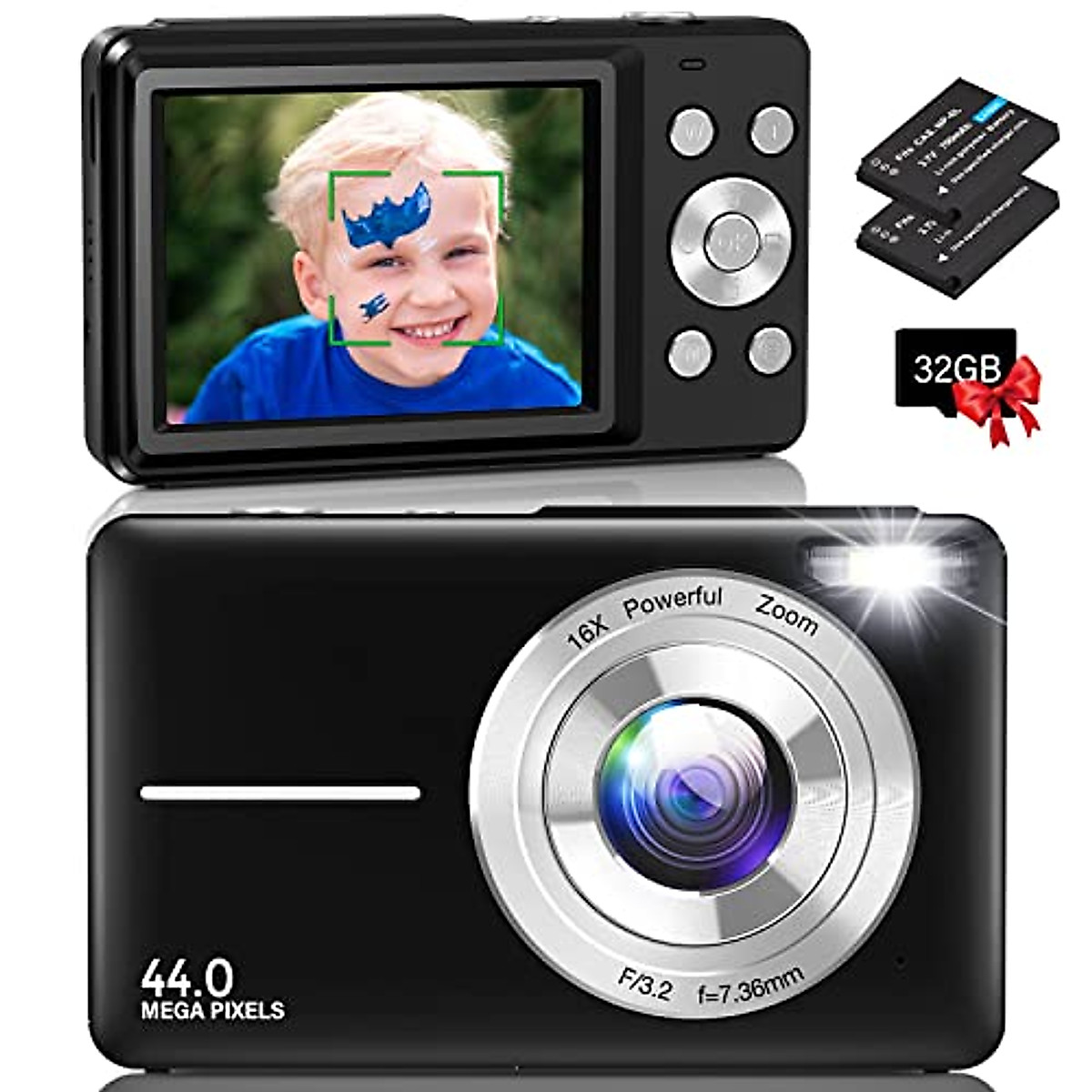 Digital Camera, Auto Focus Kids Camera,HOORUAN 1080P & 44MP Vlogging Digital Camera with 32GB Card, 16X Digital Zoom Compact Point and Shoot Camera, Portable Mini Kids Camera for Teens Students