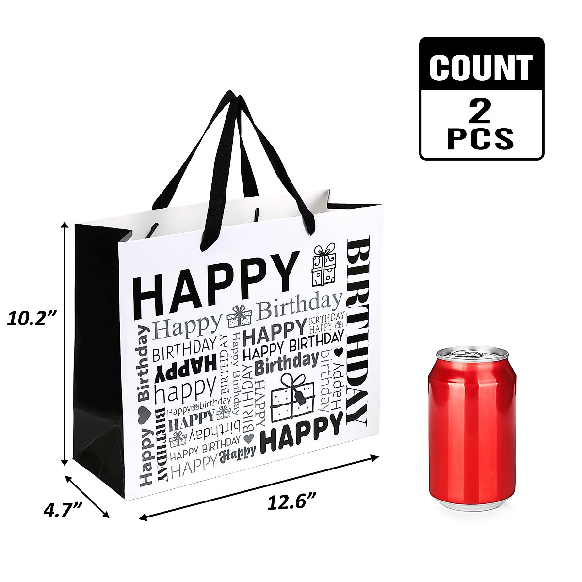 Moretoes 2 Pack White and Black Large Gift Bag with Card and Tissue Paper, Happy Birthday Gift Bags for Men Women, 12.6" x 10.25" x 4.7"