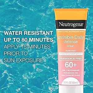 Neutrogena Invisible Daily Defense Fragrance-Free Sunscreen Lotion, Broad Spectrum SPF 60+, Oxybenzone-Free & Water-Resistant, Sun & Environmental Aggressor Protection, 3.0 fl. oz