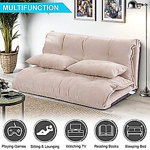 Adjustable Floor Sofa Bed with 2 Pillows , Folding Futon Couch Leisure Lazy Sofa with 5 Reclining Position, Suede Floor Sofa for Reading or Gaming in Bedroom/Living Room/Balcony,Beige