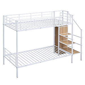 Harper & Bright Designs Twin Over Twin Bunk Beds with Storage Stairs & Wardrobe, Heavy Duty Metal Bunk Bed Frame with Guardrail for Kids, Teens, Adults, No Box Spring Needed, White