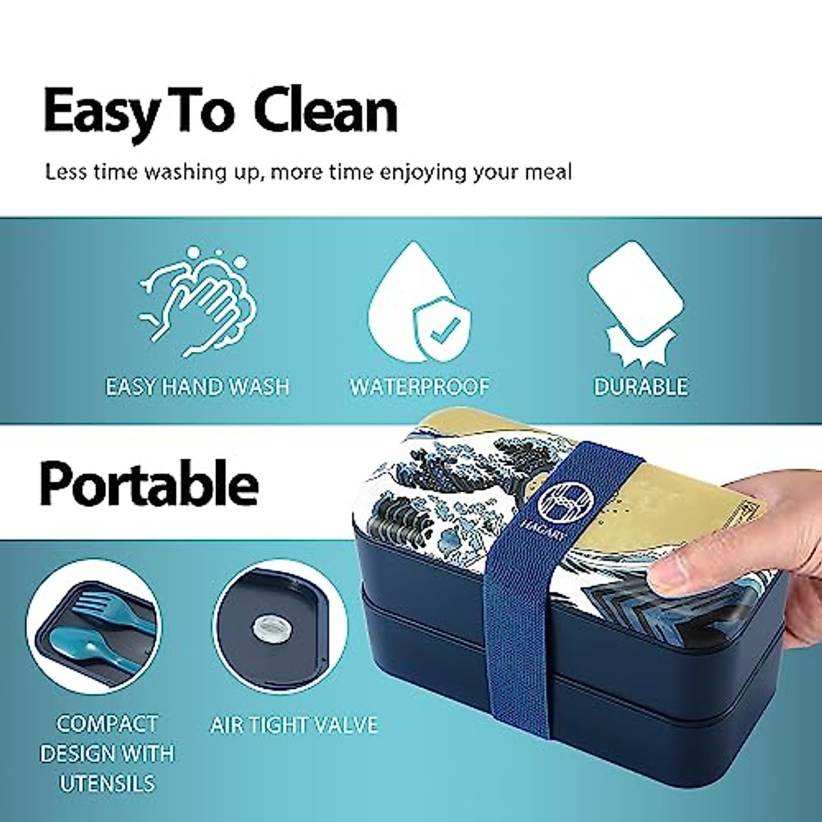 Hagary Wave Bento Box 2 Tier Japanese Lunch Box with Spoon and Fork Stackable Leak-Proof with Movable Partition Lunch Containers Scratch Proof 800ml