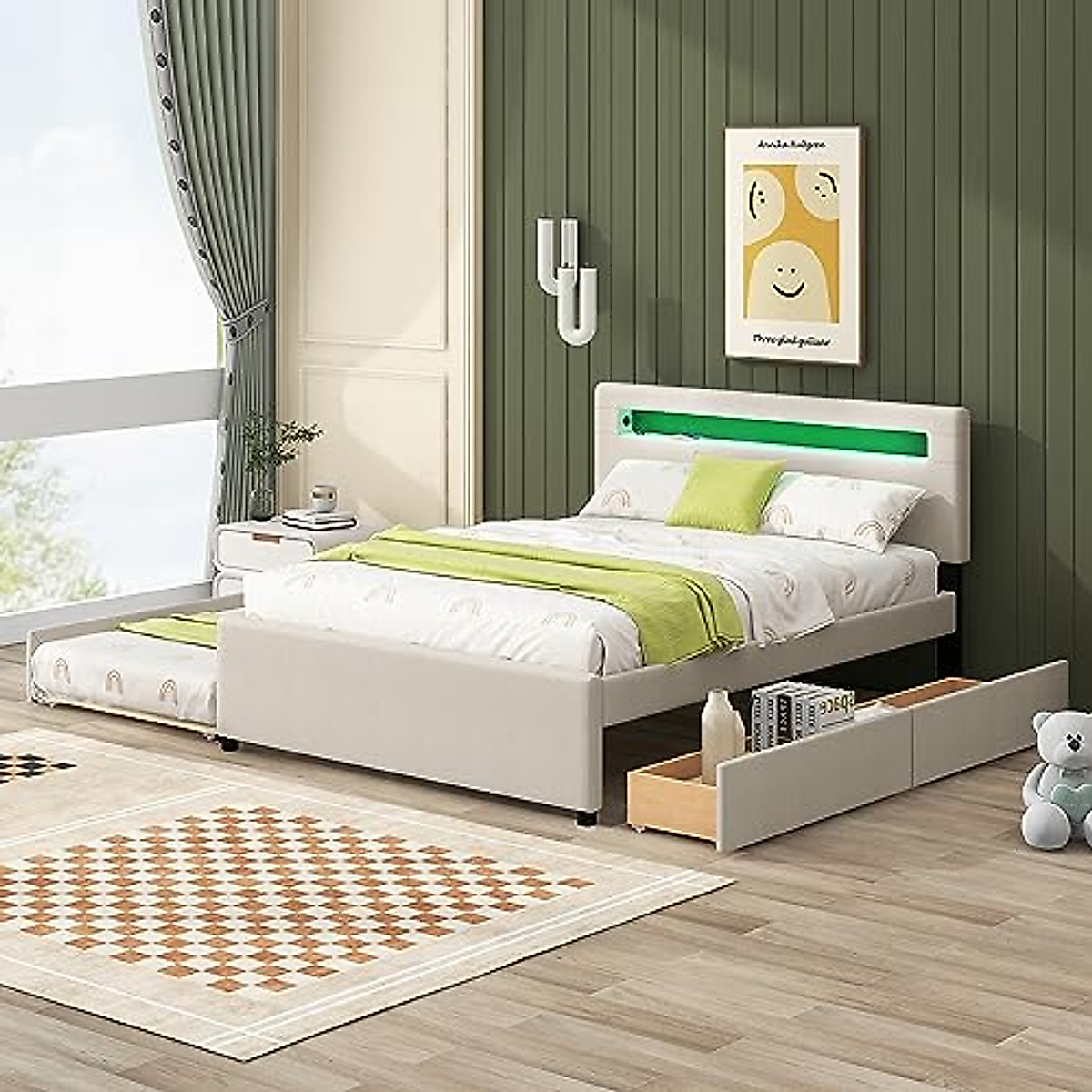 Linique Queen Size Upholstered Storage Platform Bed with Twin Size Trundle and 2 Drawers,Headboard with LED Light and USB Charging,Beige
