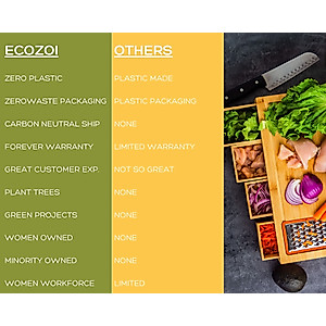 ecozoi Bamboo Cutting Board with 4 Slide Out Drawers with 4 Bamboo Lids for Easy Storage, Non Slip Meal Prep Station, Chopping Board, Wooden Butcher Block with Juice Groove and 2 Bonus Graters