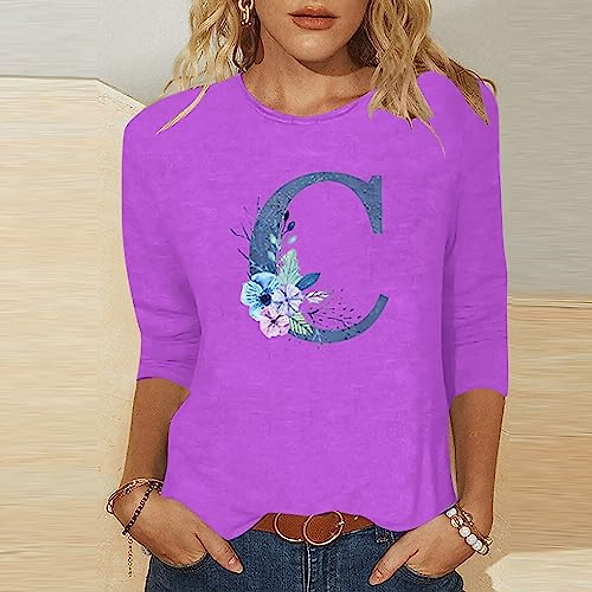 Amazon Deals Women's Fashion Outfits Monogram Print 3/4 Sleeve Blouse Shirts Casual Loose Funny Clothes Ladies Going Out Top Shirt My Orders Placed Purple l