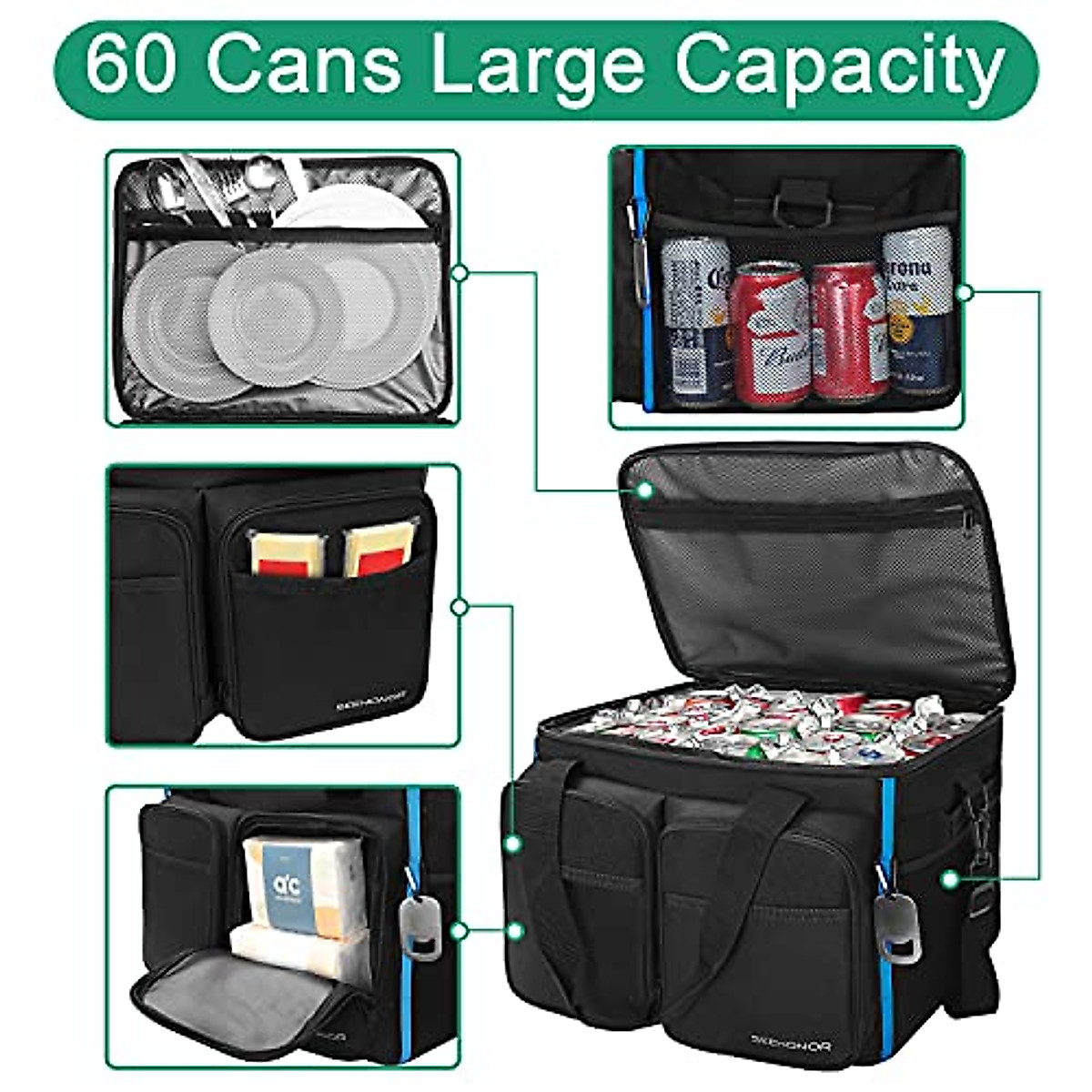 SEEHONOR Insulated Cooler Bag 60 Cans Large Collapsible Insulated Lunch Box Leakproof Soft Cooler Bag for Grocery Shopping Camping Picnic Beach 40L