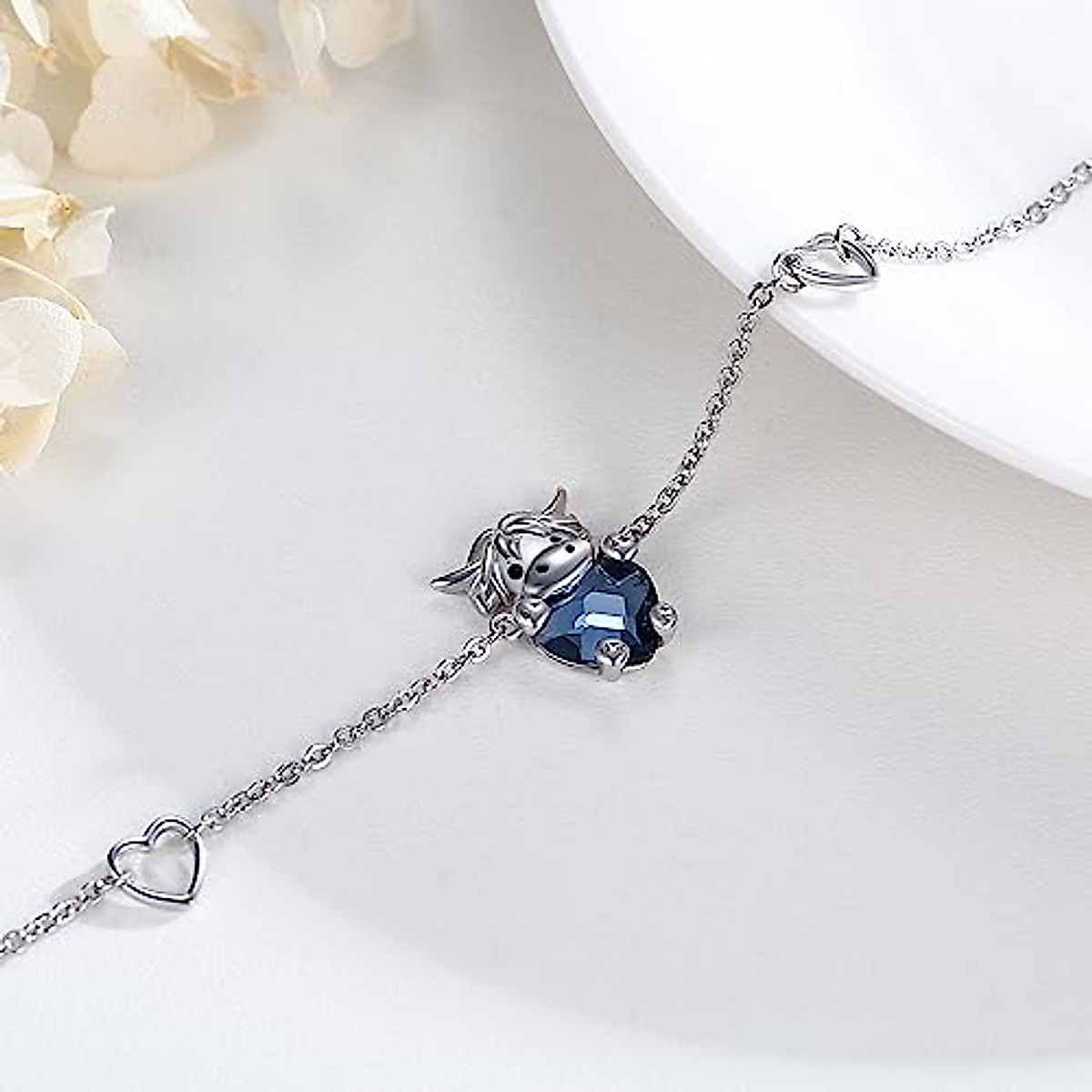 JUSTKIDSTOY Highland Cow Bracelet 925 Sterling Silver Cute Cow Charm Adjustable Chain Bracelet with Crystal Highland Cow Jewelry Birthday Gifts for Women Girls