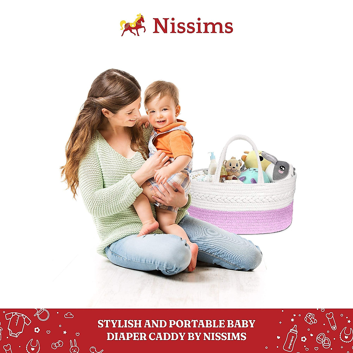 Baby Diaper Caddy Organizer Basket for Changing Table - Large Compact and Portable Woven Cotton Rope and Canvas Nursery Basket with 3 Divisions - Unisex Stylish GrayWhite - 14x8.5x7 Inches