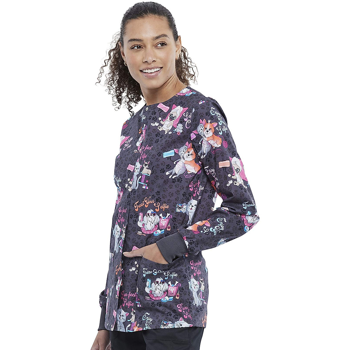 Cherokee Prints Women Warm Up Scrubs Jacket Snap Front CK301, XS, Selfie Care