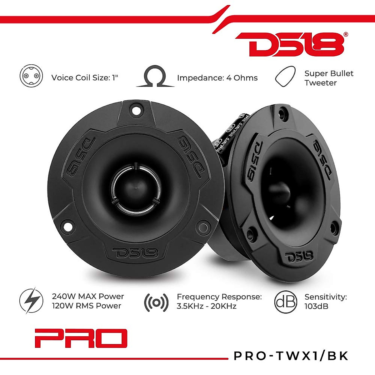 DS18 Car Speakers Bundle 4X PRO-GM6B 6.5" Midrange Speakers + 4X PRO-TWX1/BK Aluminum Super Bullet Tweeters + Amplifier 4 Channels - PRO Loudspeakers Car Audio Component Package