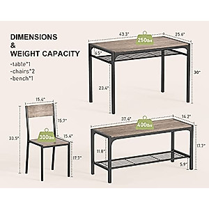 Gizoon Kitchen Table and 2 Chairs for 4 with Bench, 4 Piece Dining Table Set for Small Space, Apartment (Grey)