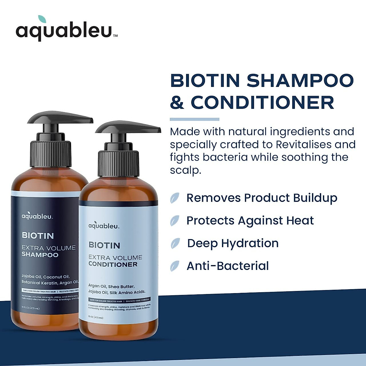 Aquableu Biotin Volumizing Shampoo & Conditioner Set – Natural Thickening & Volume For Thicker Fuller Hair - Promotes Healthy Hair Growth - Includes Coconut, Keratin, Argan & Jojoba Oil – Sulfate Free