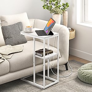 Yoobure C Shaped End Table with Charging Station, Small Side Tables for Living Room Bedroom, Sofa Table with USB Ports and Outlets for Small Spaces, Couch Table Rustic Snack Table Bed Side Table