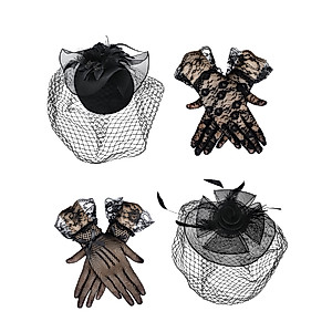 JenPen 4 Pcs Fascinator Hat for Women Tea Party Headwear Feathers Veil Mesh Headband Floral Short Lace Gloves 20s 50s Costume Accessories for Wedding Black