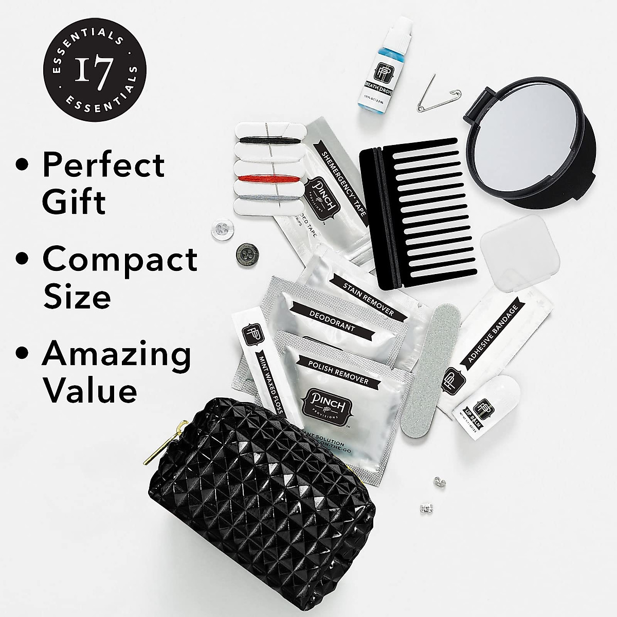 Pinch Provisions Minimergency Kit, Includes 17 Travel-Sized Cosmetic Essentials, Convenient for Purses, Emergency Beauty Accessories, Gifts for Holiday’s & Birthday’s, Edge Black
