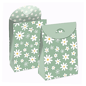 Big Dot of Happiness Sage Green Daisy Flowers - Floral Gift Favor Bags - Party Goodie Boxes - Set of 12