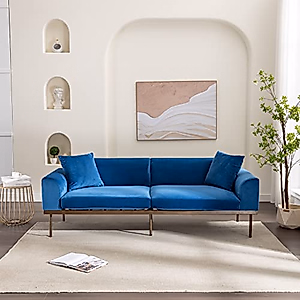 Lifeand Modern Velvet Sofa with Metal Legs,Loveseat Sofa Couch with Two Pillows for Living Room and Bedroom,Blue