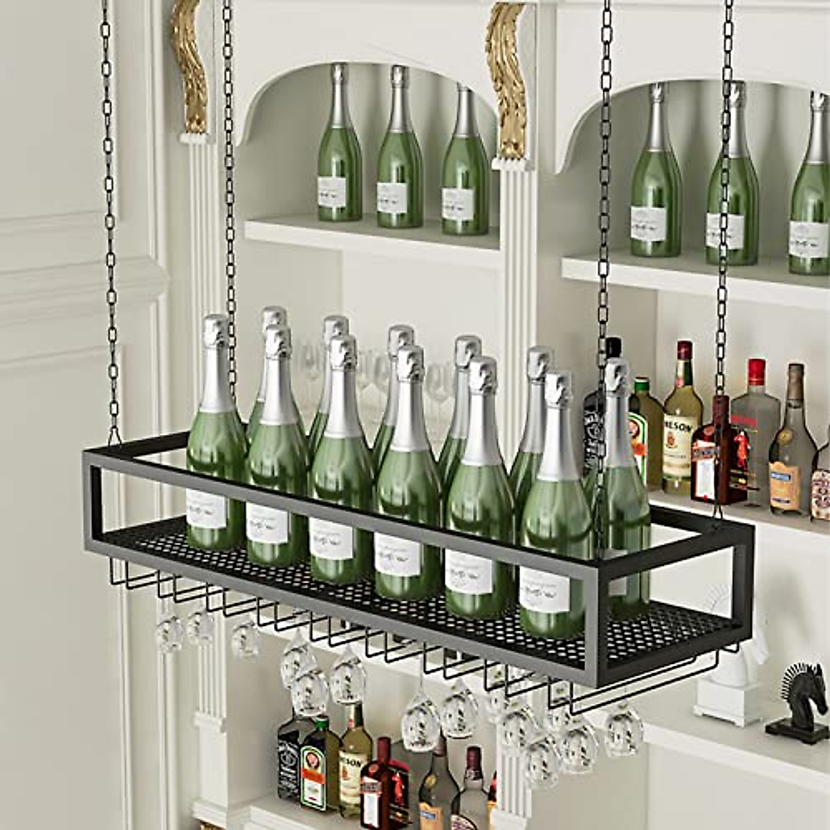 Wine Rack Black Metal Wine Bottle Holder ， Ceiling Hanging Iron Stemware Glasses Shelf Home Bar Creative Wall Mounted Floating Organizer Storage Shelves (Size : 60x25x20cm)