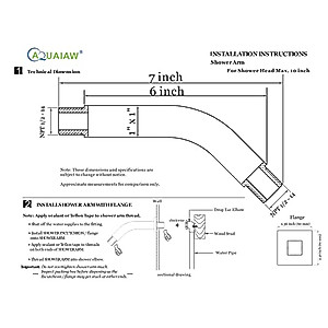 Aquaiaw Square Shower Arm and Anti-Scratch O-Ring Flange, 6 inch, Solid Brass, Both Soldered 1/2 NPT Tapered Threads, Shower Head Arm, Wall Mount Shower Extension Arm (Matte Black)