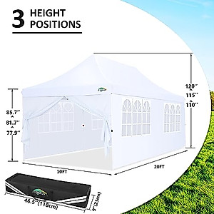 COBIZI 10x20ft Pop Up Canopy Tent with 6 Removable Sidewalls, Easy Up Commercial Canopy, Waterproof and UV50+ Gazebo with Portable Bag, Adjustable Leg Heights,Party Tents for Parties