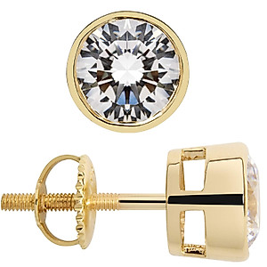 Everyday Elegance 14K Solid Yellow Gold Round Cut Cubic Zirconia Stud Earrings 2.0 CTW Bezel Set Screw Back Posts With Gift Box