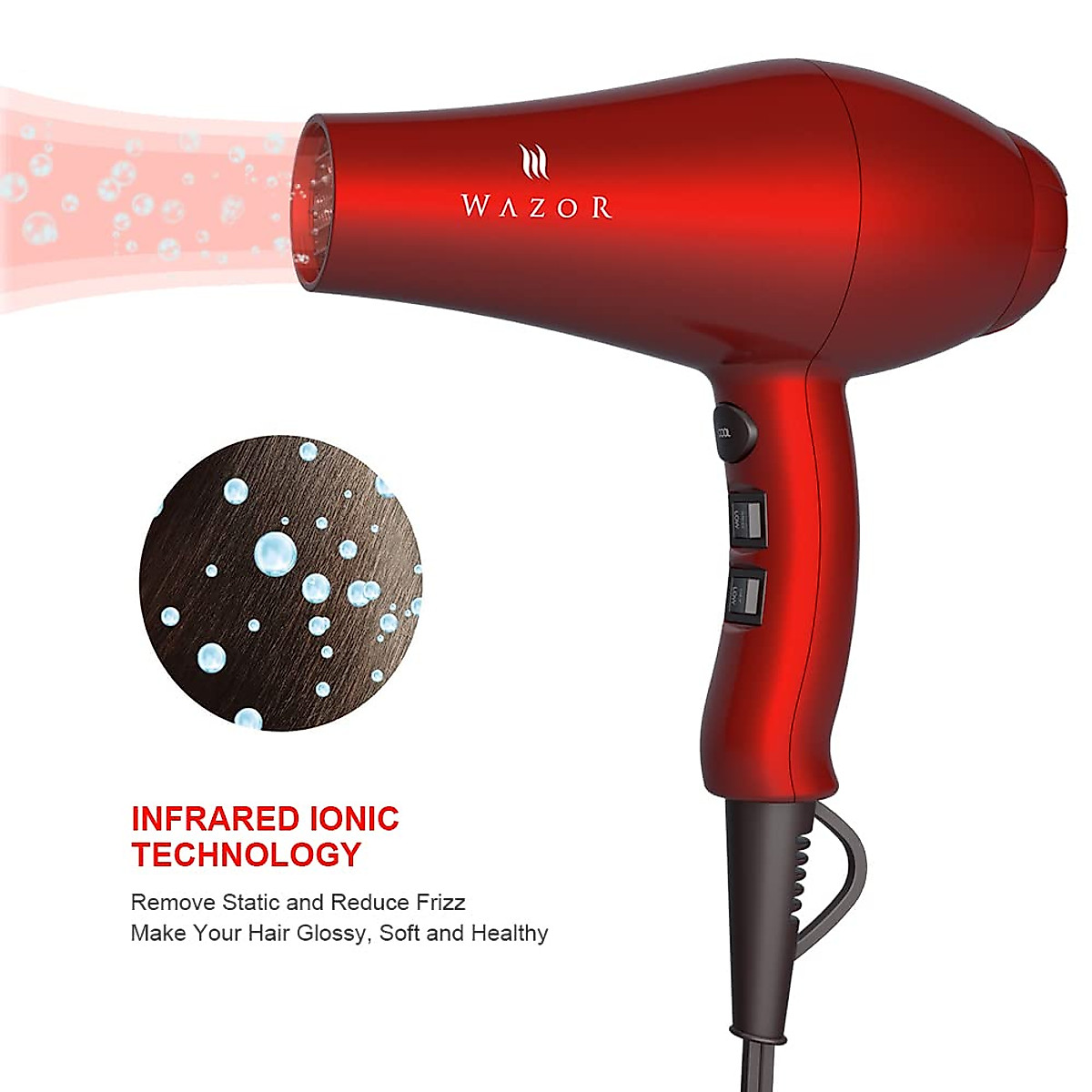 1875W Professional Ionic Hair Dryer, Salon Lightweight Blow Dryer, 2 Speed and 3 Heat Settings, Powerful Ceramic Fast Dryer with Diffuser, Concentrator and Comb (Red)