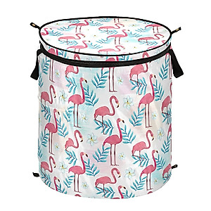 xigua Flamingo Round Laundry Basket with Lid, Waterproof Clothes Toy Storage Basket Nursery Hamper with Handles for Laundry Room, Bathroom, Bedroom, Dorm, Kids Room