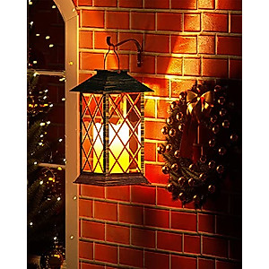 Fuairmee Solar Lanterns Outdoor Waterproof, Set of 2 Hanging Lantern with Brackets, 14 inch LED Flickering Flameless Candle Lights, Outdoor Lanterns for Front Porch Pathway Courtyard Party Patio