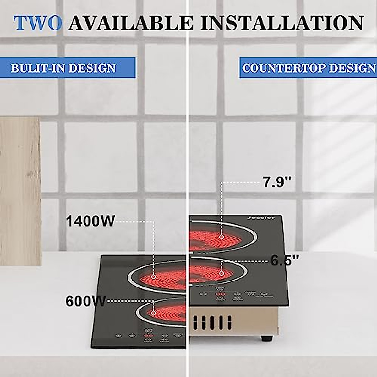 Jessier 12 Inch Electric Cooktop - 2 Burner Countertop & Built-in Electric Stove Top, 120V Plug in Electric Cook Top, Timer, Safety Lock, Over-Temperature Protection, Sensor Touch Control