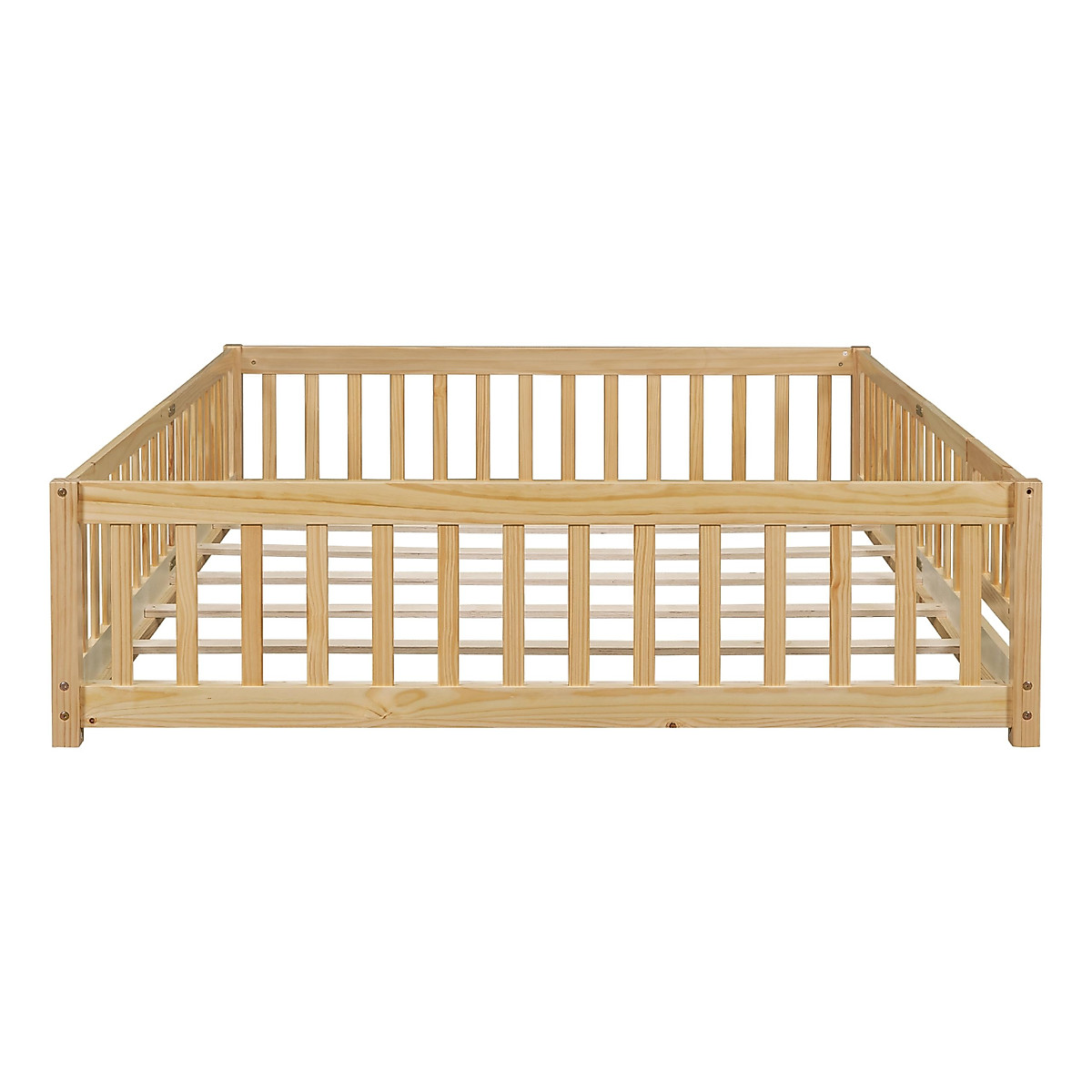 Bellemave Queen Size Floor Bed with Door,Kids Montessori Floor Bed with Slats and Fence,Solid Wood Queen Bed Frame for Girls Boys(Queen,Natural)