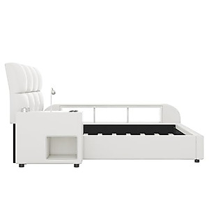 EOVTK Queen Size Upholstered Platform Bed with Built-in Multimedia Nightstand and Storage Shelves, Faux Leather Platform Bed Frame with 2 Cup Holders, Light and Charging Station, White