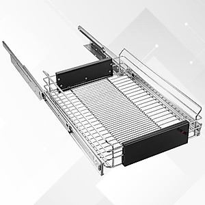 One Tier Expandable Pull Out Kitchen Cabinet Organizer,12.5" W X 19.7" D X 5.3”H,Easily Adjustable Width from 12.5" to 20.2" ,Slide Out Kitchen Cabinet Storage Shelves ,Wire Frame,Chrome Finish