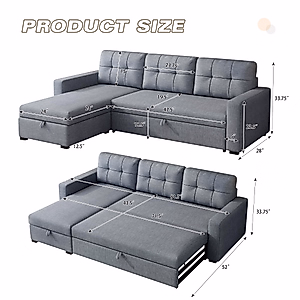 Acosure 81.5" Pull Out Couch with Storage Chaise,L-Shape Upholstered Sectional Sofa Bed W/ 3 Back Cushions,Convertible Sleeper for Living Room Office Apartment,Light Grey