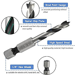 Mesee 6Pcs Brad Point Stubby Drill Bits Set, HSS 4241 Steel with 1/4" Quick Change Hex Shank, Spiral Twist Bit for Metal/Aluminum Iron/Sheet Copper/Wood Woodworking