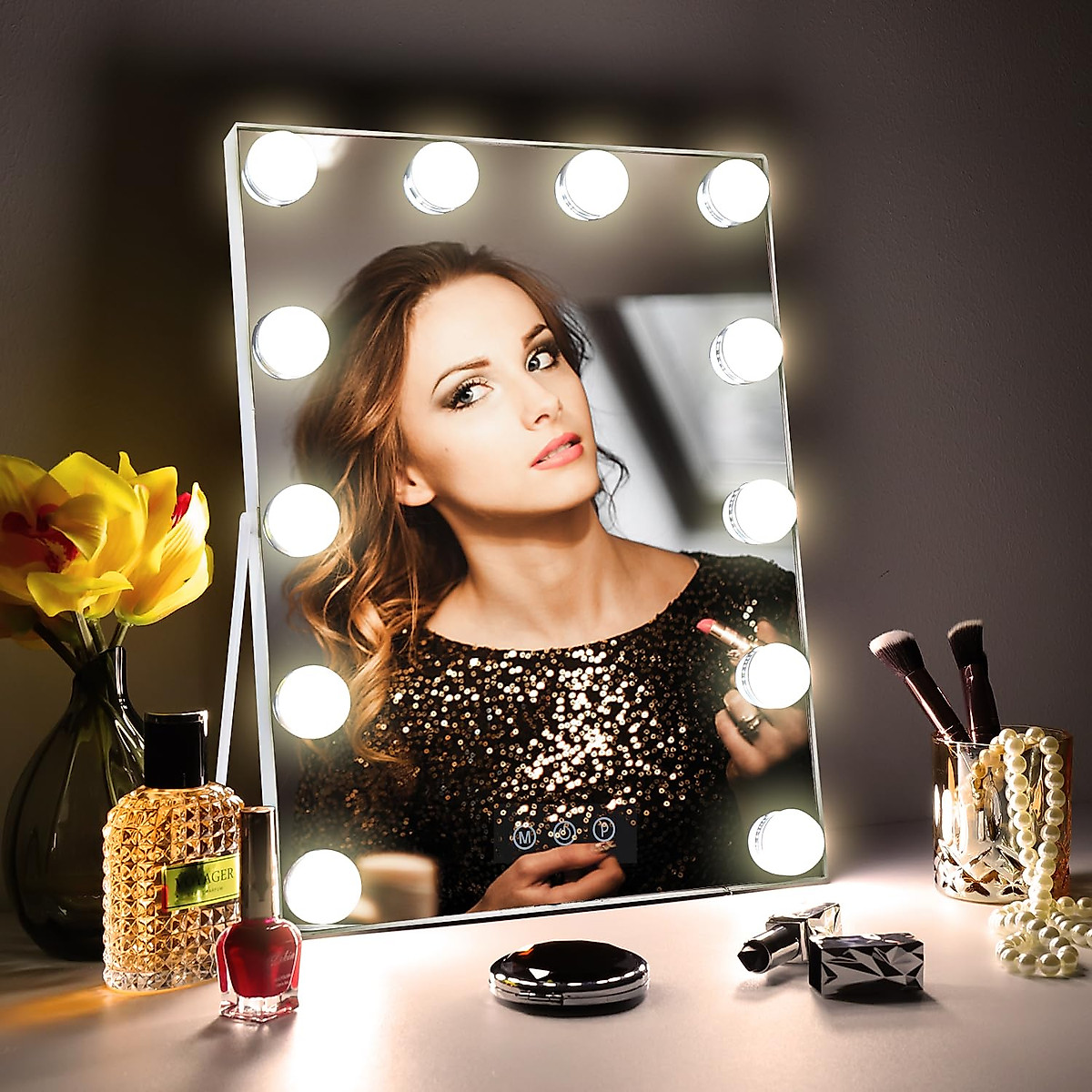 Despful 10"x 12" Vanity Mirror with Lights, Hollywood Lighted Makeup Mirror with 3 Color Modes and 12 Dimmable Diamond LED Light Bulbs, Touch Control for Bedroom, White