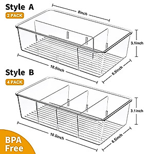 6 Pack Food Storage Organizer Bins, Clear Plastic Pantry Organizer with Removable Dividers, Pantry Organization and Storage, Fridge Organizer, Cabinet Organizers, for Packets, Snacks, Spice Packets