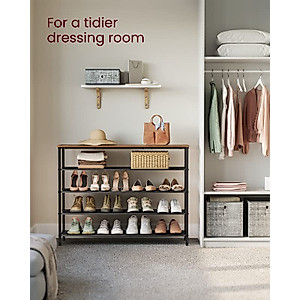 VASAGLE Shoe Rack 5 Tier, Narrow Shoe Organizer for Closet Entryway, with 4 Fabric Shelves and Top for Bags, Shoe Shelf, Steel Frame, Industrial, Rustic Brown and Black ULBS136B01