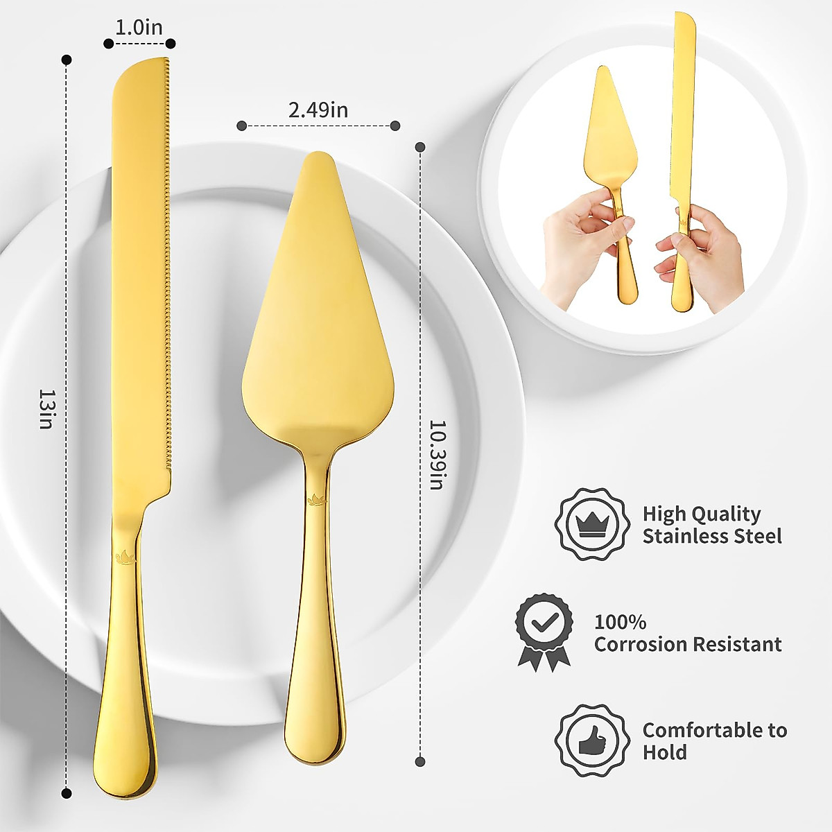 SANEXC Cake Cutting Set for Wedding - Extended Cake Knife And Server Set Thickened Stainless Steel Cake Cutter and Pie Spatula Great for Birthday Anniversary Christmas Gift Gold 2 Pcs